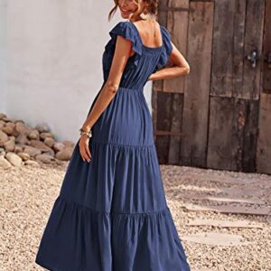 PRETTYGARDEN Women's Summer Bohemian Sleeveless Maxi Dress Square Neck Ruffle Flowy Long Sun Dress Wedding Guest Dress 2023 (Solid Navy, Medium)