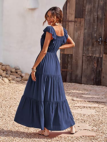 PRETTYGARDEN Women's Summer Bohemian Sleeveless Maxi Dress Square Neck Ruffle Flowy Long Sun Dress Wedding Guest Dress 2023 (Solid Navy, Medium)