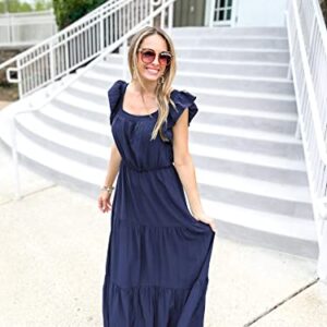 PRETTYGARDEN Women's Summer Bohemian Sleeveless Maxi Dress Square Neck Ruffle Flowy Long Sun Dress Wedding Guest Dress 2023 (Solid Navy, Medium)