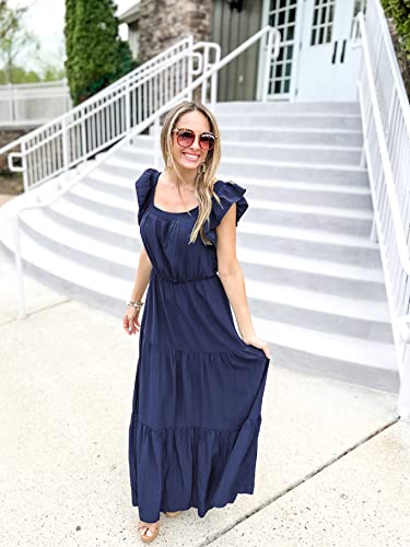 PRETTYGARDEN Women's Summer Bohemian Sleeveless Maxi Dress Square Neck Ruffle Flowy Long Sun Dress Wedding Guest Dress 2023 (Solid Navy, Medium)