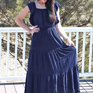 PRETTYGARDEN Women's Summer Bohemian Sleeveless Maxi Dress Square Neck Ruffle Flowy Long Sun Dress Wedding Guest Dress 2023 (Solid Navy, Medium)