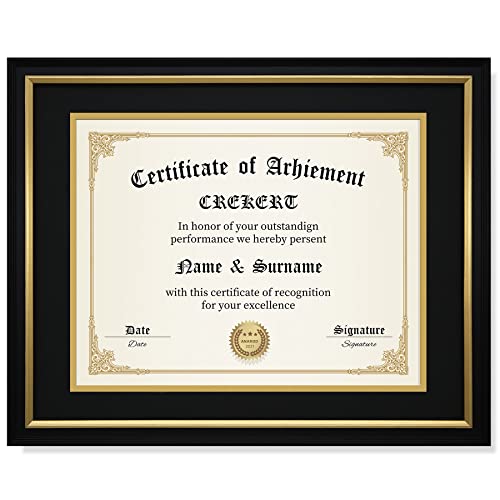 CREKERT Diploma Frame 11x14 Picture Frame Solid Wood Shatter-Resistant Glass for Documents Certificate Blackgold Frame 8.5x11 with Mat (Black Mat, 1 Pack)