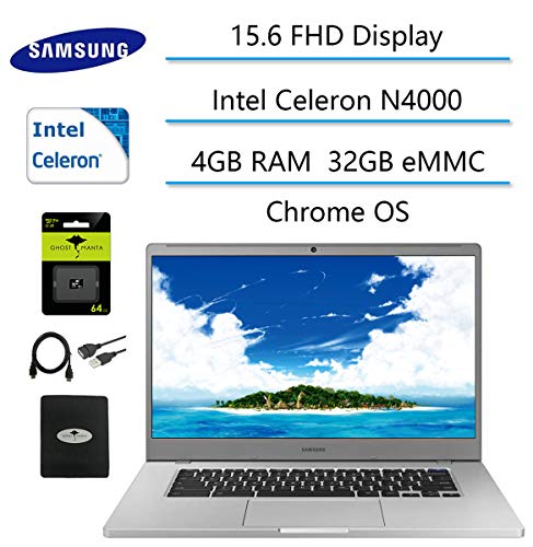 SAMSUNG Chromebook 4+ 15.6 FHD Laptop for Business and Student, Intel Celeron N4000, 4GB RAM, 32GB eMMC Gigabit, Wi-Fi, up to 10.5 Hours Battery Life, Chrome OS w/64GB Micro SD Card, GM Accessories