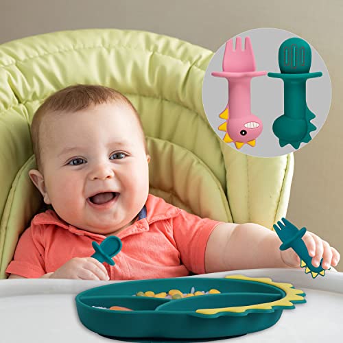 NICINGU Silicone Toddler Plates,Suction Plates for Baby with Spoon and Fork Set Kids Divided Grip Dish Self Feeding Training Baby Dinner Plate Microwave Dishwasher Safe-Blue Dinosaurs