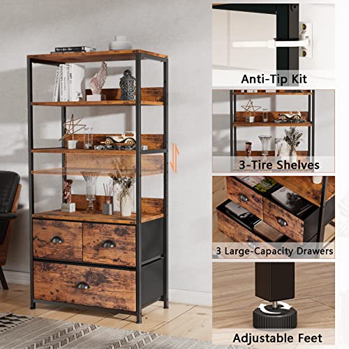 Furologee Tall Storage Shelf 4-Tier,Bookshelf Rack with 3 Fabric Storage Drawers, Wood top for Photos, Display in Bedroom,Living Room, Office, Kitchen