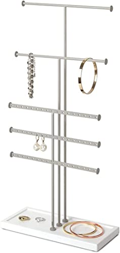 Umbra Trigem Tiered Tabletop Jewelry Organizer Freestanding Hanging Necklace, Earring and Bracelet Display, 5, White/Nickel