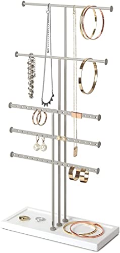 Umbra Trigem Tiered Tabletop Jewelry Organizer Freestanding Hanging Necklace, Earring and Bracelet Display, 5, White/Nickel