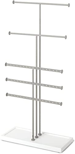 Umbra Trigem Tiered Tabletop Jewelry Organizer Freestanding Hanging Necklace, Earring and Bracelet Display, 5, White/Nickel