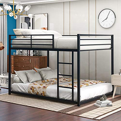 Metal Bunk Bed with Ladder, Full Over Full Low Bunk Bed with Safety Guard Rails for Kids Teens Adults No Box Spring Required, Black