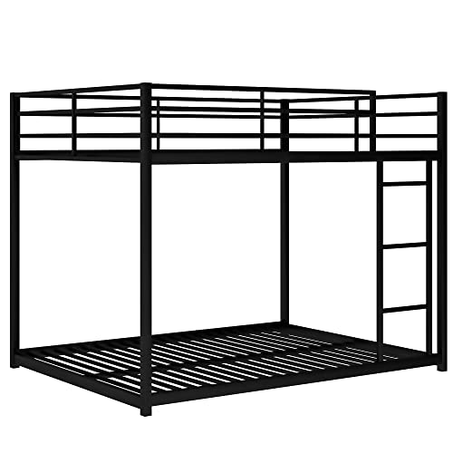 Metal Bunk Bed with Ladder, Full Over Full Low Bunk Bed with Safety Guard Rails for Kids Teens Adults No Box Spring Required, Black