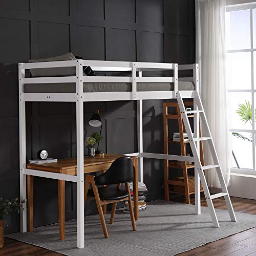 JOYMOR High Loft Bed Frame Twin Wooden Loft Bed for Kids, Junior, Teens, Adults Single Bed, No Box Spring Needed,White