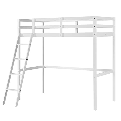 JOYMOR High Loft Bed Frame Twin Wooden Loft Bed for Kids, Junior, Teens, Adults Single Bed, No Box Spring Needed,White