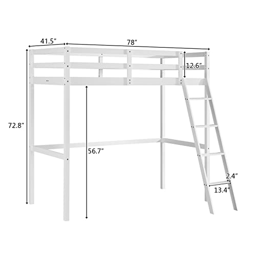 JOYMOR High Loft Bed Frame Twin Wooden Loft Bed for Kids, Junior, Teens, Adults Single Bed, No Box Spring Needed,White