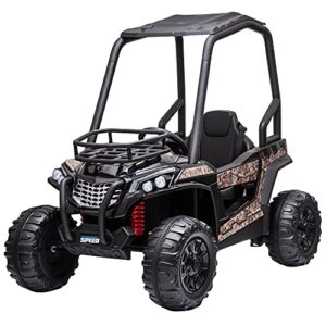 aosom 12v dual motor kids electric ride-on utv toy, batter powered truck with forward and reverse function, headlights, mp3/usb music connection, suspension, & remote control, camo