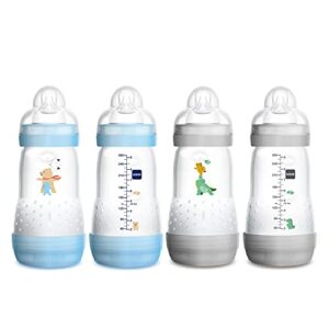 mam easy start anti-colic medium flow bottles 9 oz (4-count), gray and blue