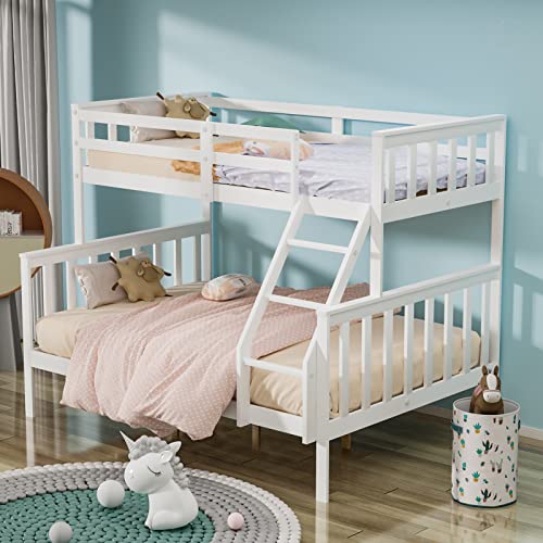 JOYMOR Convertible Twin Over Full Bunk Bed for Kids Children Teens Adults, Solid Wood Bunk Bed Frame with Ladder and Guard Rail Space Saving Beds Frames for Bedroom (Mattress not Included)