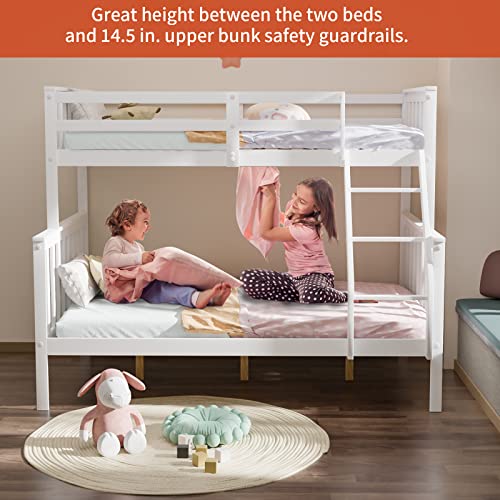 JOYMOR Convertible Twin Over Full Bunk Bed for Kids Children Teens Adults, Solid Wood Bunk Bed Frame with Ladder and Guard Rail Space Saving Beds Frames for Bedroom (Mattress not Included)