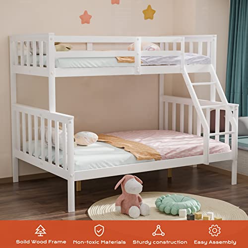 JOYMOR Convertible Twin Over Full Bunk Bed for Kids Children Teens Adults, Solid Wood Bunk Bed Frame with Ladder and Guard Rail Space Saving Beds Frames for Bedroom (Mattress not Included)