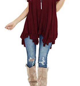 ETCYY NEW Plus Tunic Tops for Leggings for Women Ruffle Comfy Blouses Casual Shirts Ladies Summer Tops Wine