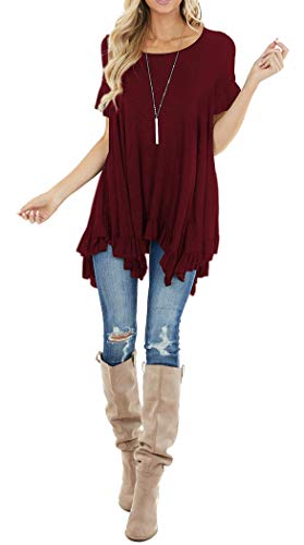 ETCYY NEW Plus Tunic Tops for Leggings for Women Ruffle Comfy Blouses Casual Shirts Ladies Summer Tops Wine