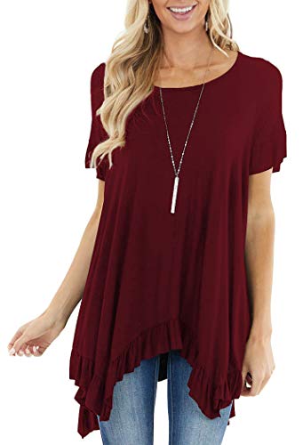 ETCYY NEW Plus Tunic Tops for Leggings for Women Ruffle Comfy Blouses Casual Shirts Ladies Summer Tops Wine