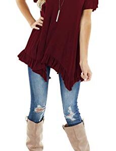 ETCYY NEW Plus Tunic Tops for Leggings for Women Ruffle Comfy Blouses Casual Shirts Ladies Summer Tops Wine