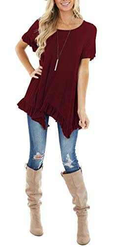 ETCYY NEW Plus Tunic Tops for Leggings for Women Ruffle Comfy Blouses Casual Shirts Ladies Summer Tops Wine