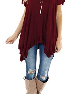 ETCYY NEW Plus Tunic Tops for Leggings for Women Ruffle Comfy Blouses Casual Shirts Ladies Summer Tops Wine