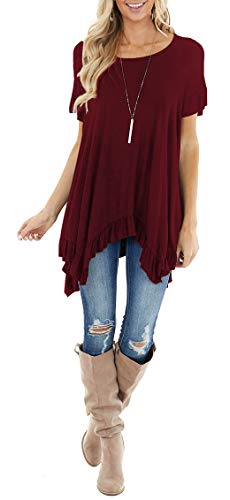 ETCYY NEW Plus Tunic Tops for Leggings for Women Ruffle Comfy Blouses Casual Shirts Ladies Summer Tops Wine