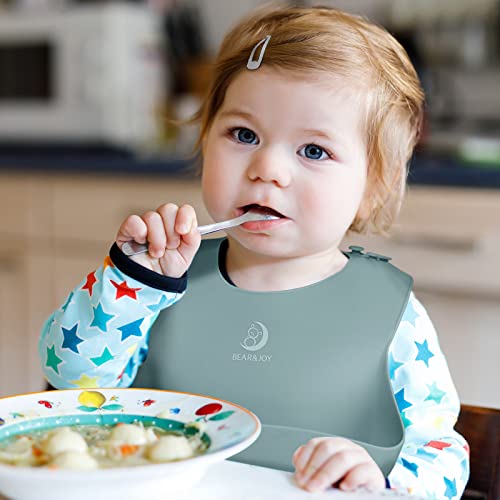 Bear&Joy Silicone Bibs for Babies, 2 Pack Baby Silicone Bibs, Soft Adjustable Fit Waterproof Bibs, Feeding Bibs with Food Catcher Pocket for Toddlers Girls Boys Kids