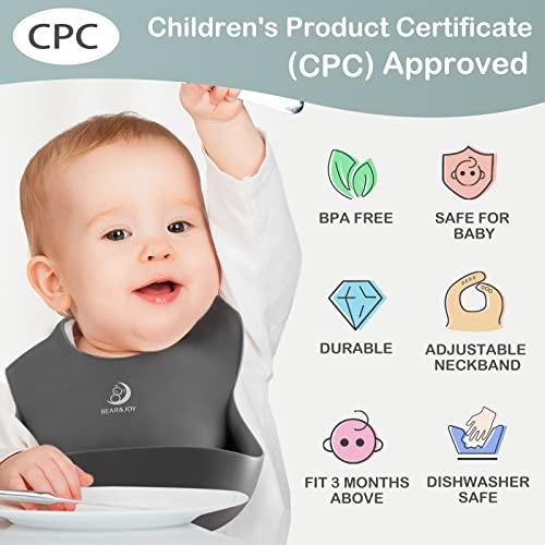 Bear&Joy Silicone Bibs for Babies, 2 Pack Baby Silicone Bibs, Soft Adjustable Fit Waterproof Bibs, Feeding Bibs with Food Catcher Pocket for Toddlers Girls Boys Kids