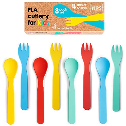 GET FRESH PLA Kids Spoons and Forks Set – 8-Pack Melamine Free PLA Utensils for Kids Toddlers – Reusable Microwave Safe Childrens Cutlery Set – Biodegradable PLA Kids Dinnerware Spoons and Forks