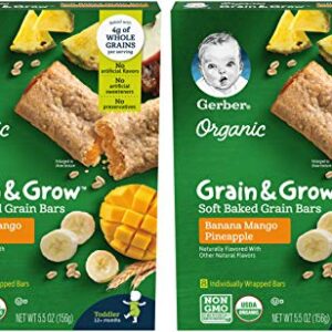 Gerber Organic Grain & Grow Toddler Bars, Banana Mango Pineapple, Soft Baked Grain Bars Toddler Snack, 8 Individually Wrapped Bars/Box (Pack of 2 Boxes)