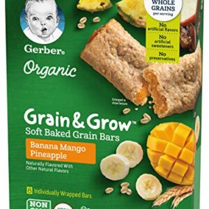 Gerber Organic Grain & Grow Toddler Bars, Banana Mango Pineapple, Soft Baked Grain Bars Toddler Snack, 8 Individually Wrapped Bars/Box (Pack of 2 Boxes)