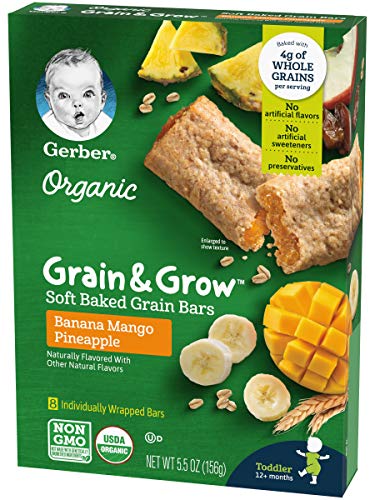 Gerber Organic Grain & Grow Toddler Bars, Banana Mango Pineapple, Soft Baked Grain Bars Toddler Snack, 8 Individually Wrapped Bars/Box (Pack of 2 Boxes)