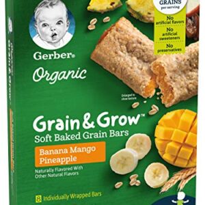 Gerber Organic Grain & Grow Toddler Bars, Banana Mango Pineapple, Soft Baked Grain Bars Toddler Snack, 8 Individually Wrapped Bars/Box (Pack of 2 Boxes)