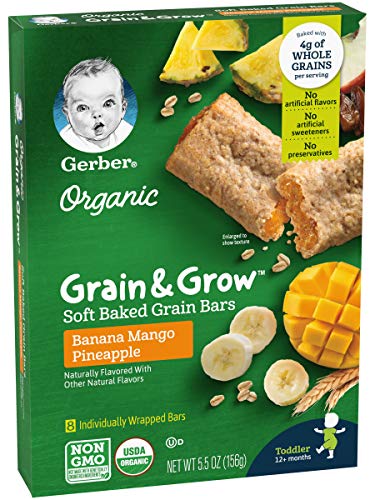 Gerber Organic Grain & Grow Toddler Bars, Banana Mango Pineapple, Soft Baked Grain Bars Toddler Snack, 8 Individually Wrapped Bars/Box (Pack of 2 Boxes)