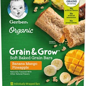 Gerber Organic Grain & Grow Toddler Bars, Banana Mango Pineapple, Soft Baked Grain Bars Toddler Snack, 8 Individually Wrapped Bars/Box (Pack of 2 Boxes)