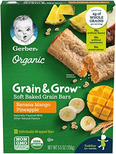 Gerber Organic Grain & Grow Toddler Bars, Banana Mango Pineapple, Soft Baked Grain Bars Toddler Snack, 8 Individually Wrapped Bars/Box (Pack of 2 Boxes)