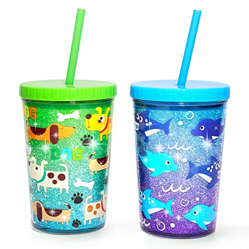 Home Tune 14oz Kids Tumbler Water Drinking Cup 2 Pack - BPA Free, Straw Lid Cup, Reusable, Lightweight, Spill-Proof Water Bottle with Cute Design for Girls & Boys - Shark & Dog