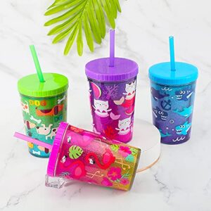 Home Tune 14oz Kids Tumbler Water Drinking Cup 2 Pack - BPA Free, Straw Lid Cup, Reusable, Lightweight, Spill-Proof Water Bottle with Cute Design for Girls & Boys - Shark & Dog