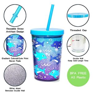 Home Tune 14oz Kids Tumbler Water Drinking Cup 2 Pack - BPA Free, Straw Lid Cup, Reusable, Lightweight, Spill-Proof Water Bottle with Cute Design for Girls & Boys - Shark & Dog