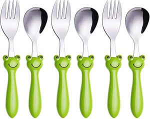 annova kids silverware 6 pieces set children's flatware - stainless steel cutlery - 3 x safe forks, 3 x dinner spoons - safe toddler utensils without knives for lunch box bpa free (frog x 6 pcs)