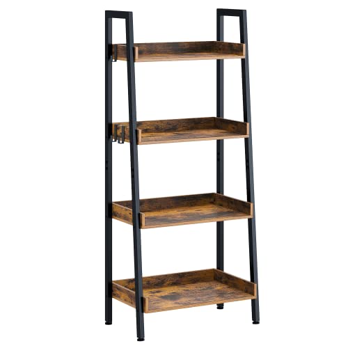 Rolanstar Bookshelf, 4 Tier Ladder Bookshelf with 3 Hooks, Industrial Bookcases, Freestanding Display Plant Shelves with Metal Frame for Living Room, Rustic Brown