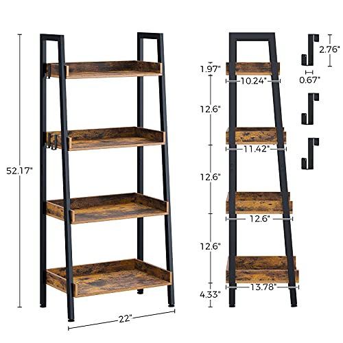 Rolanstar Bookshelf, 4 Tier Ladder Bookshelf with 3 Hooks, Industrial Bookcases, Freestanding Display Plant Shelves with Metal Frame for Living Room, Rustic Brown