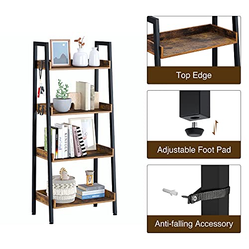 Rolanstar Bookshelf, 4 Tier Ladder Bookshelf with 3 Hooks, Industrial Bookcases, Freestanding Display Plant Shelves with Metal Frame for Living Room, Rustic Brown