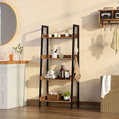 Rolanstar Bookshelf, 4 Tier Ladder Bookshelf with 3 Hooks, Industrial Bookcases, Freestanding Display Plant Shelves with Metal Frame for Living Room, Rustic Brown