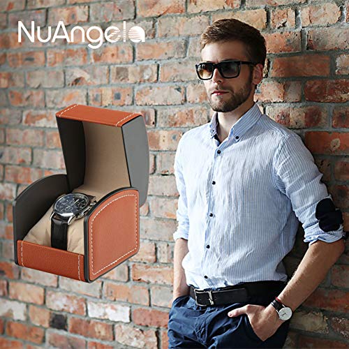 NuAngela PU Leather Watch Box, Single Display Luxury Storage Case For Wristwatches and Smart Watches, Holder With Pillow, Jewelry Bearer Gift Case For Women/Men, Mother's Day Birthday Valentine's Day Gift Box (Brown)