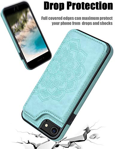 MMHUO for iPhone 7/8/SE 2020/SE 2022 Case with Card Holder,Flower Magnetic Back Flip Case for iPhone 7/8/SE 2020 Wallet Case for Women,Protective Case Phone Case for iPhone 7/8/SE 2020/SE 2022,Mint