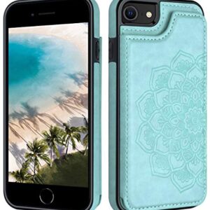 MMHUO for iPhone 7/8/SE 2020/SE 2022 Case with Card Holder,Flower Magnetic Back Flip Case for iPhone 7/8/SE 2020 Wallet Case for Women,Protective Case Phone Case for iPhone 7/8/SE 2020/SE 2022,Mint